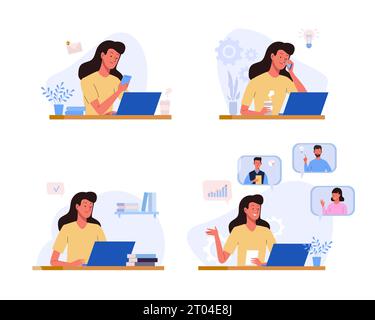 Remote working concept set. Telework and global outsourcing, Employee ...