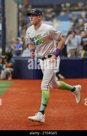 Tampa Bay Rays' Curtis Mead watches the flight of the ball after ...