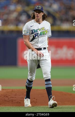 Texas Rangers starting pitcher Tyler Mahle throws to the Tampa Bay Rays ...