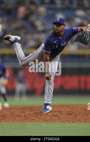 Texas Rangers' Jose Leclerc delivers a pitch in the ninth inning during ...