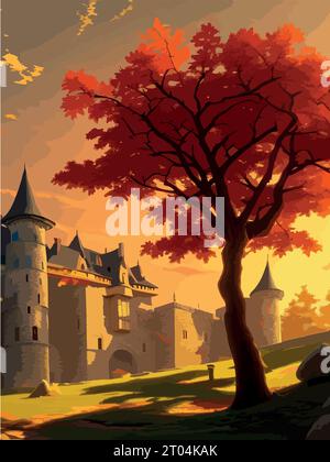Medieval village scene with castle background illustration Stock Vector ...
