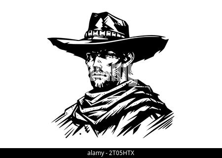 Cowboy sheriff bust or head on hat in engraving style. Hand drawn ink ...