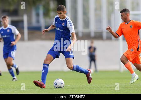 Zagreb, Croatia. 04th Oct, 2023. Vilim Gec of Dinamo Zagreb controls ...