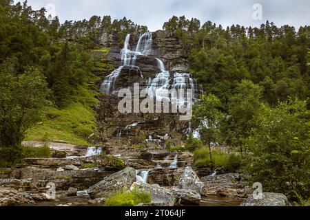Norway, Vestland County, Tvinde, Tvindefossen waterfall (152 m high) on ...