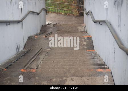 Stairs down. Bridge over the highway. Pedestrian crossing across the ...