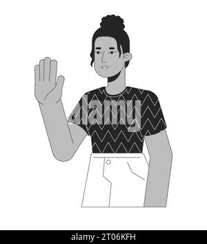 Top knot black girl saying hi black and white 2D vector avatar ...