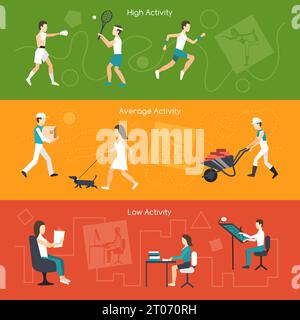 Physical activity horizontal banners set with high average and low ...