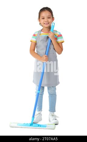 Cute little janitor with mop on white background Stock Photo - Alamy