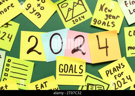 Sticky notes with different goals for 2024 on gradient background Stock ...