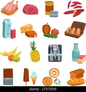 Supermarket food and drinks set with ham milk chicken isolated vector ...