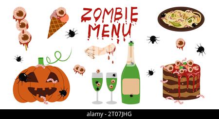 Scary Halloween dish. Zombie menu. Terrible food. Cake with worms with ...