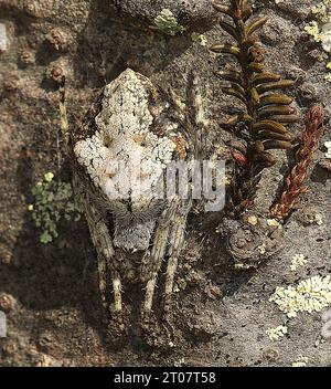 Knobbled orbweb spiders (Socca sp.) amidst lichens on nikau palm trunk ...