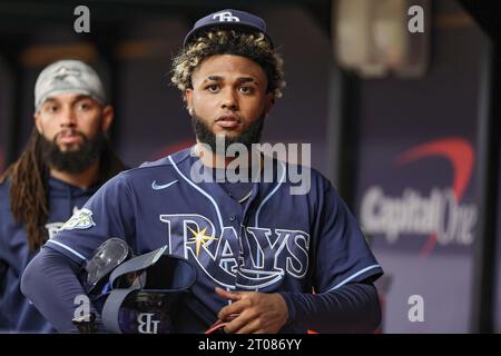 Tampa Bay Rays' Junior Caminero (13) celebrates as he rounds the bases ...