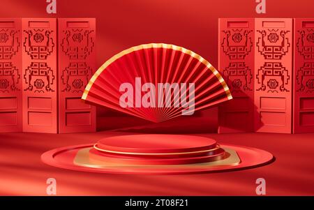 Empty stage with red Chinese style background, 3d rendering. Computer ...