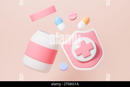 Cartoon shield with cross , disease protection, drug therapy and ...