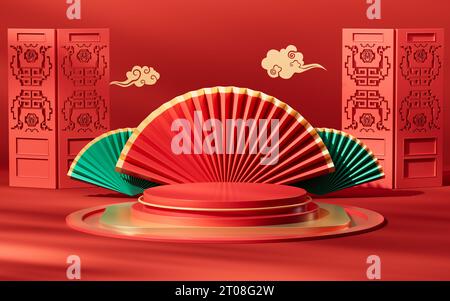 Empty stage with red Chinese style background, 3d rendering. Computer ...