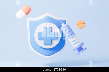 Cartoon shield with cross , disease protection, drug therapy and ...