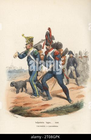Uniforms of a skirmisher and rifleman, French light infantry, on a ...