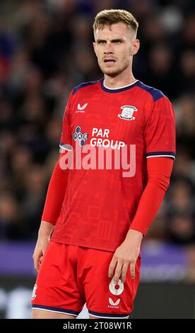 Liam Lindsay of Preston North End heads the ball, during the Sky Bet ...