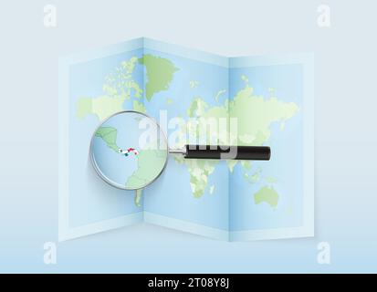 Panama map with flag in magnifying glass on transparent background. Vector loupe with map Stock ...