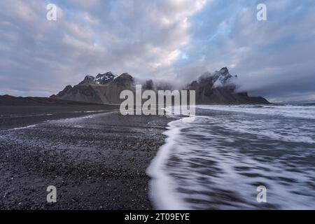 Amazing view of black sand Stockness beach and Vestrahorn mountain in ...