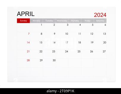 April 2024 monthly calendar page isolated on white background, Saved ...