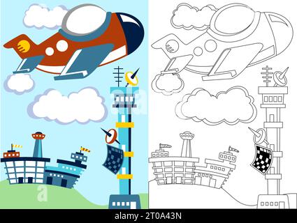 Coloring page with air transportation. Set of black and white air ...