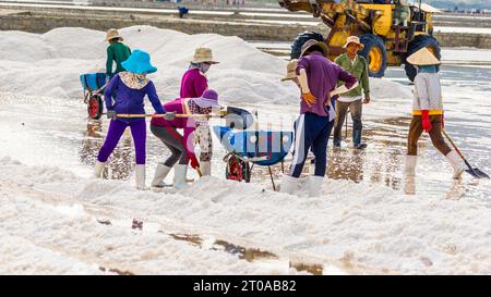 Salt farmers are making salt, the salt fields are pure white, men and ...