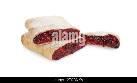 Delicious cut strudel with cherries isolated on white Stock Photo - Alamy