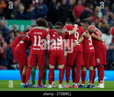 Liverpool players in a group huddle during the Premier League match ...