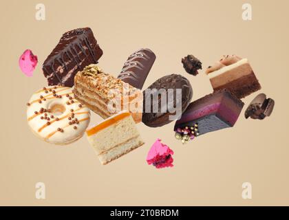 Many different tasty desserts flying on light blue background. Space ...
