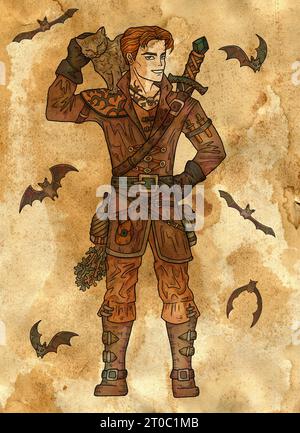 Fantasy hand drawn illustration with vampire bats, sword and romantic ...