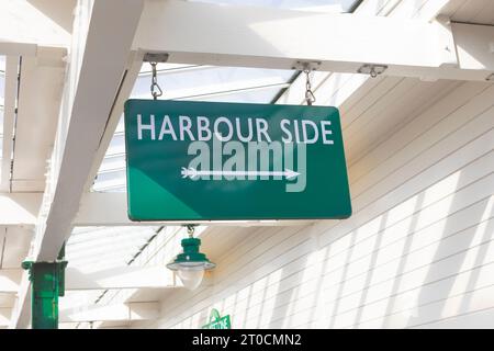 A sign for Folkestone Harbour on the renovated Harbour Arm railway ...