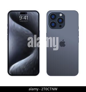 New iPhone 15 Pro Blue Titanium phone. Mockup screen front and back ...
