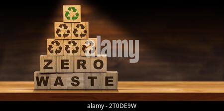 Stack of wooden blocks with text Zero Waste and Recycling Symbols, on a ...