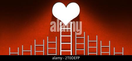 Group of step ladders, all gray and one white, on a blue wall with a ...