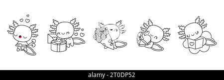 Collection of Vector Kawaii Axolotl Coloring Page. Set of Isolated ...