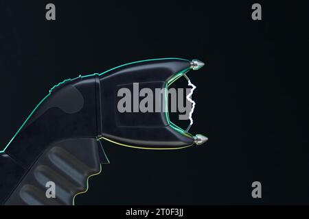 Electroshock taser or stun gun on the dark background. Close-up of an ...