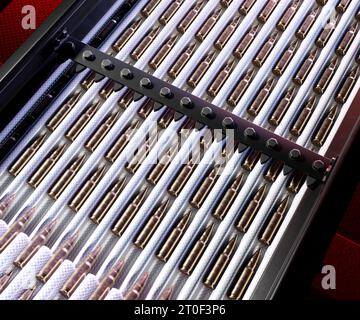 A production line at an ammo factory with freshly manufactured bullets ...