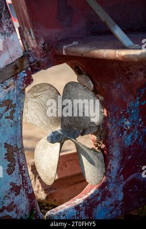the rudder and keel of a rusty old boat, rudder mechanism of a ship or ...
