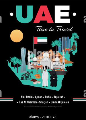 UAE poster. Map of the country with colorful regions. Shape of UAE with ...