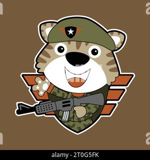 Funny cat in soldier uniform on camouflage background, vector cartoon ...