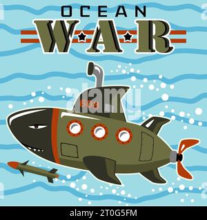 military submarine cartoon with shark features, vector cartoon ...