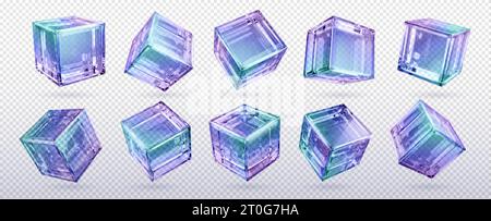 Set of holographic 3D glass cubes isolated on transparent background ...