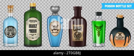 Realistic poison transparent set with isolated images of magic bottle ...