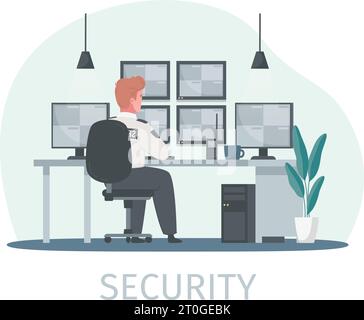 Security guard agency service inspection with room interior and man ...