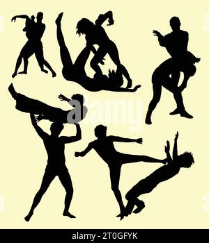 Male and female martial arts icon. Karate or Taekwondo high kick silhouette. Stick figure man ...