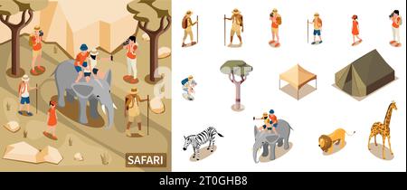Safari tourist composition set with wild animals symbols isometric ...