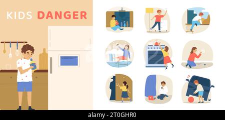 Little children in dangerous situations flat color vector icon set ...