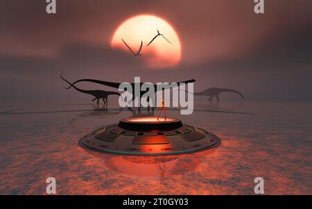 Ancient Reptoid Alien Watching A Herd Of Diplodocus Dinosaurs Stock ...